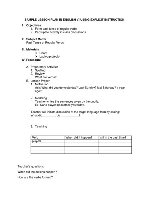 Sample Lesson Plan In English Vi Using Explicit Instructiondocx