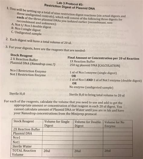 Solved Lab 3 Protocol 3 Restriction Digest Of Plasmid Dna