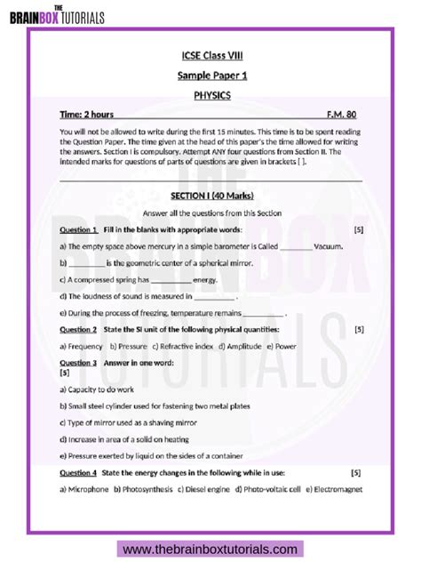 Physics Icse Class 8 Sample Paper 2021 Pdf