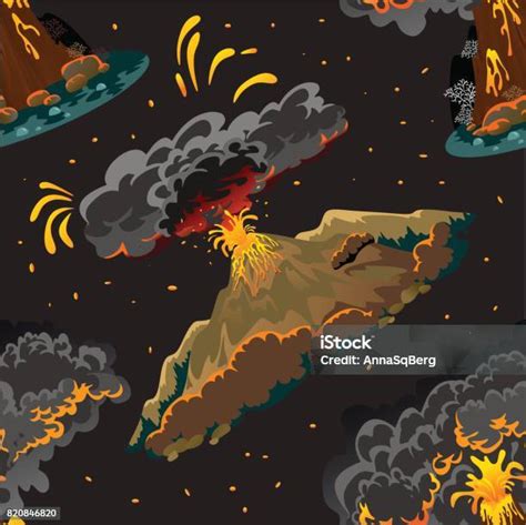 화산 분화 한 자 정도의 변화 또는 위험한 벌 컨 마그마 화산재와 화산 용암 산 벡터 일러스트 레이 션 아래로 흐르는 연기 비행기에서 인사를 깨우기의 집합 가루로 빻은에