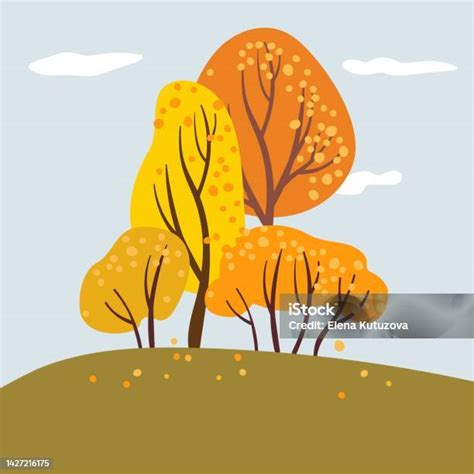 숲이나 공원의 가을 벡터 일러스트레이션 아름다운 자연 풍경 다양한 모양과 색상의 가을 나무 떨어지는 나뭇잎이있는 노란 오렌지 나무 황금 단풍으로 식물을 닦는 것 0명에 대한