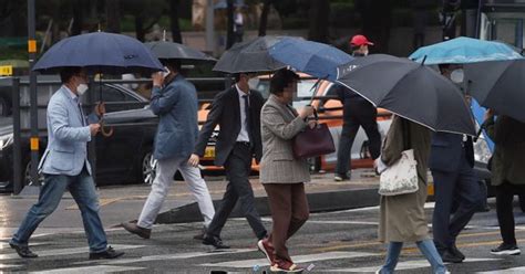 우산 쓰고 길 지나는 시민들