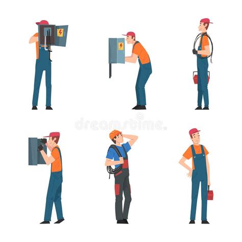 Man Electrician In Overall Fixing Electrical Wiring Vector Set Stock Vector Illustration Of