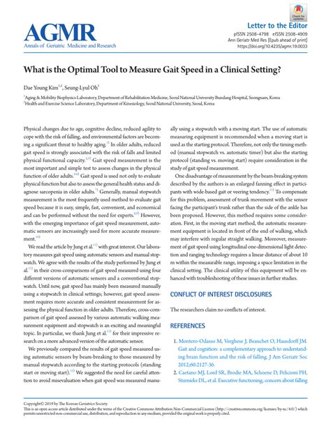 Pdf What Is The Optimal Tool To Measure Gait Speed In A Clinical Setting