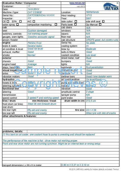 Used Compaction And Landfill Roller Inspection Report Sample