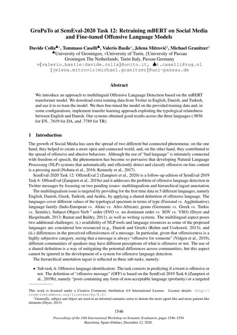 Pdf Grupato At Semeval 2020 Task 12 Retraining Mbert On Social Media And Fine Tuned Offensive