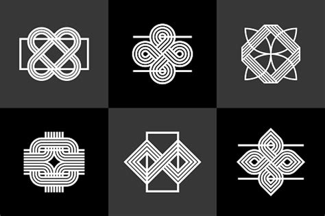 로고 생성을위한 그래픽 디자인 요소 얽힌 선 빈티지 스타일 아이콘 컬렉션 추상적 인 기하학적 선형 기호 벡터 세트 개성 개념에