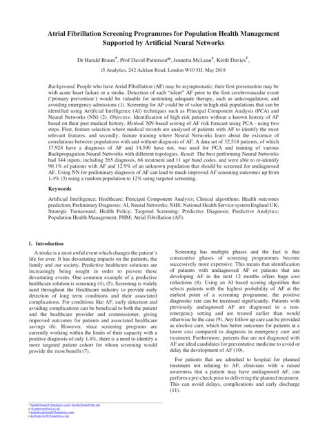 Pdf Artificial Neural Networks For Population Health Management To Support Atrial Fibrillation