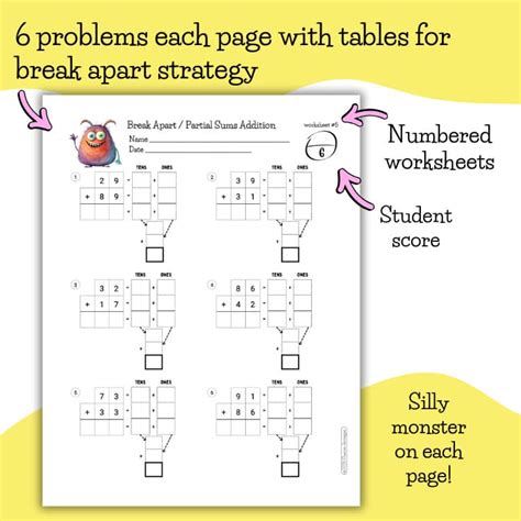 Break Apart Partial Sums 2 Digit Addition Worksheets With Anchor Chart