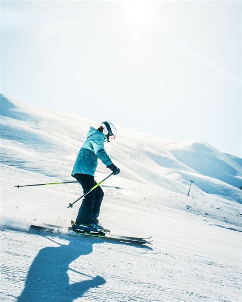 Alpine Downhill Skiing Ski Portrait Of Woman Alpine Skier Wearing Skis Helmet Cool Ski