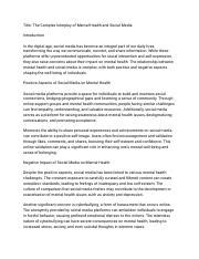 PSYC Essay Pdf Title The Complex Interplay Of Mental Health And Social Media Introduction In