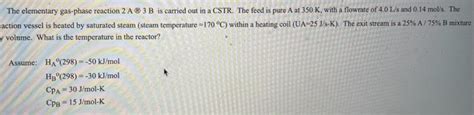 Solved The Elementary Gas Phase Reaction 2 Aand3 B Is Carried
