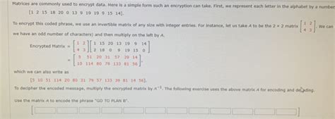 Solved Matrices Are Commonly Used To Encrypt Data Here Is A Chegg Com