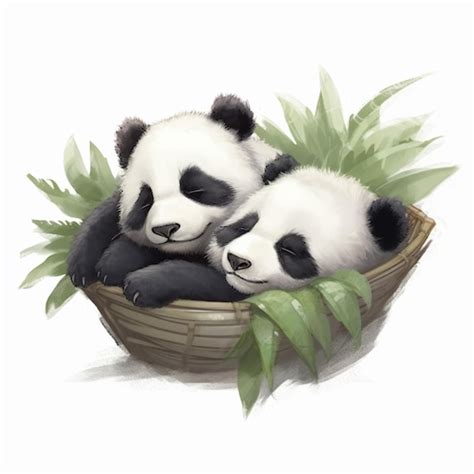 Pandas In A Basket With Leaves And Grass On A White Background