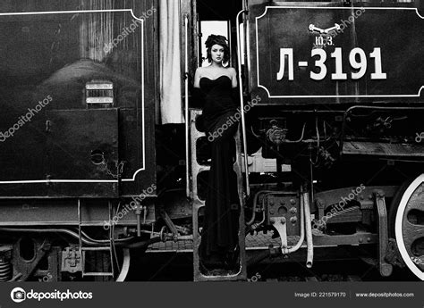 Beautiful Woman Black Dress Posing Old Locomotive Train Station