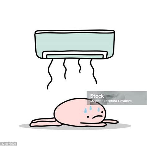 만화 만화 스타일로 컨디셔너 손으로 그린 벡터 일러스트에서 차가운 공기 아래 열을 가진 남자 에어컨에 대한 스톡 벡터 아트 및