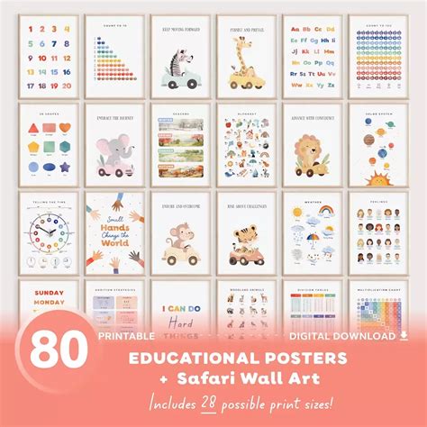 Set Of 80 Educational Posters Safari Nursery Decor Homeschool Print