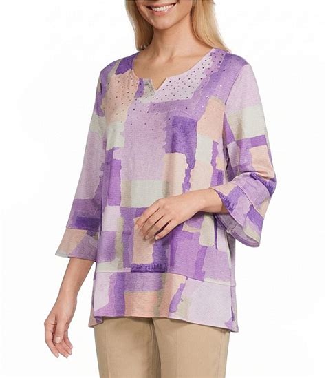 Allison Daley Lavender Color Block 34 Flounce Sleeve V Neck Knit Top