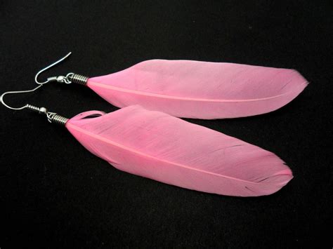 A Pair Of Long Pink Feather Dangly Earrings Etsy