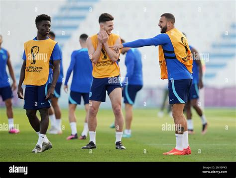 Englands Bukayo Saka Declan Rice And Kyle Walker During A Training Session At The Al Wakrah