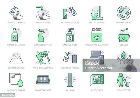 소독 선 아이콘입니다 벡터 일러스트는 스프레이 병 바닥 청소 걸레 워시 핸드 젤 오토 클레이브 Uv 램프 윤곽 그림으로 포함 된 녹색 색상 편집 가능한 스트로크 아이콘에
