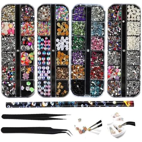 4 Boîtes Kit Strass Nail Art Kit Strass Ongles 2 Pince à épiler 1pc