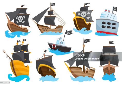 나무 해적 Buccaneer Filibuster 해적 바다 개 배 아이콘 게임 고립 된 평면 디자인의 집합입니다 색상 만화 프리깃 벡터 일러스트레이션 대형 범선에 대한 스톡