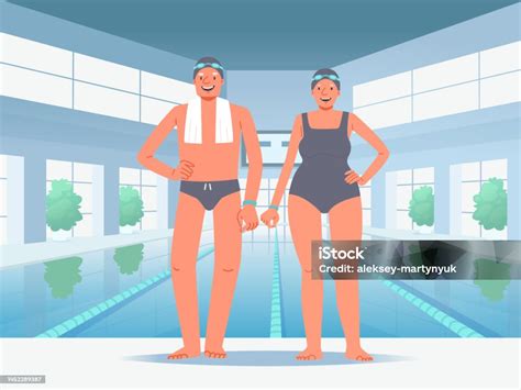 수영장을 배경으로 한 노인들 전체 길이의 행복한 노인 수영 커플 노년기의 활동적인 레크리에이션 수영 동작 활동에 대한 스톡 벡터 아트 및 기타 이미지 Istock