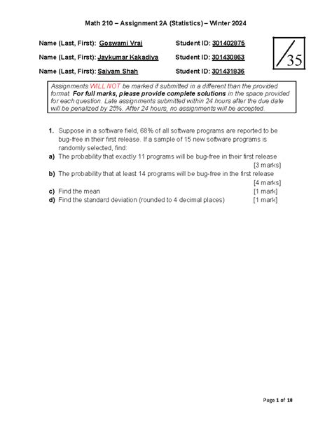 Math 210 Assignment 2a Statistics Group 1 35 Name Last First