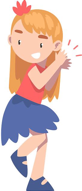 사랑스러운 어린 소녀 데 재미와 그녀의 손을 박수 사랑스러운 아이 표현 즐거움 감사 기쁨 만화 스타일 벡터 일러스트 가공의 인물에 대한 스톡 벡터 아트 및 기타 이미지