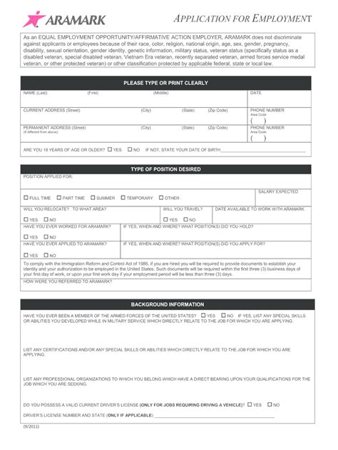 2011 2026 Form Aramark Application For Employment Blank Fillable