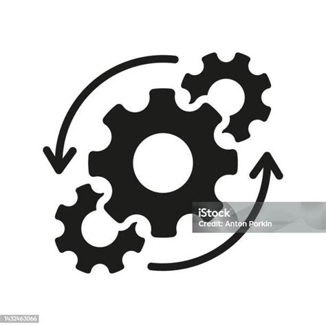 워크플로 톱니 바퀴 기호 픽토그램 서클 기어 작업 진행 실루엣 아이콘입니다 기어와 라운드 화살표 비즈니스 기술 프로세스 블랙 아이콘 격리된 벡터 일러스트 레이 션