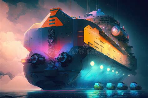 Autonomous Cargo Ship Docking At Futuristic Spaceport With Colorful Lights And Futuristic