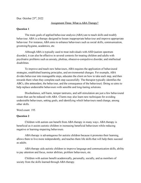 Assignment Three What Is Aba Therapy Due October 23rd 2022 Assignment Three What Is Aba