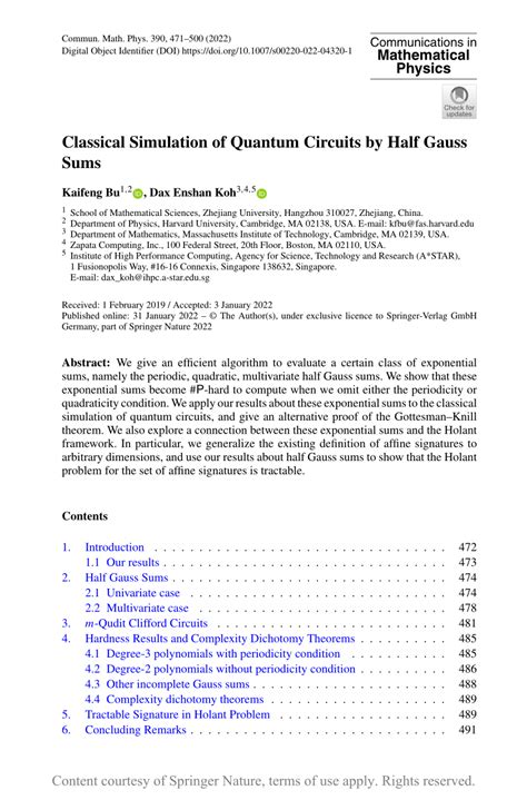 Classical Simulation Of Quantum Circuits By Half Gauss Sums Request Pdf