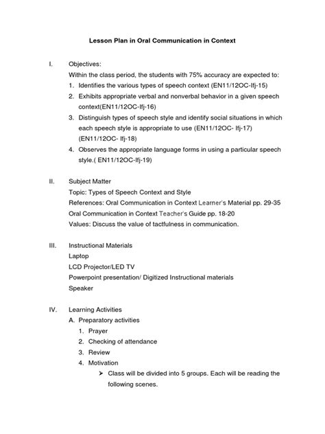 Oral Comm Speech Context And Styles Pdf Lesson Plan Communication