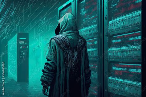 Cloaked Female Hacker Entering Corporate Data Servers From His Underground Bunker In A Side View