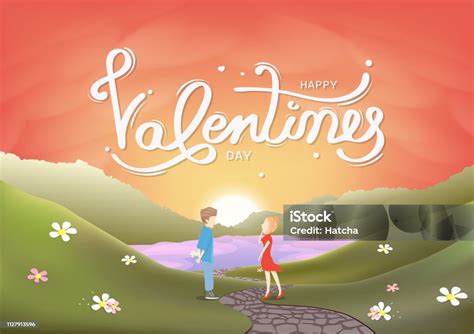 발렌타인 데이 연인 캐릭터 서 예 인사말 카드 프리 장면 계절 휴일 추상 배경 벡터 일러스트 레이 션에 일몰 2명에 대한 스톡 벡터 아트 및 기타 이미지 Istock