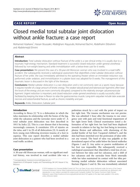 Pdf Closed Medial Total Subtalar Joint Dislocation Without Ankle Fracture A Case Report