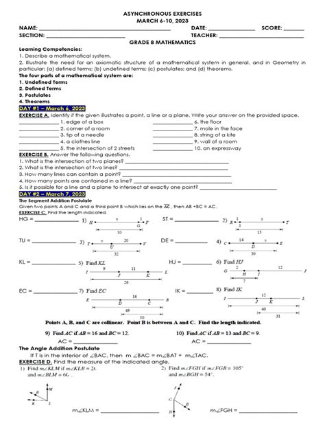 Asynchronous Exercises Grade 8 Mathematics Pdf Line Geometry