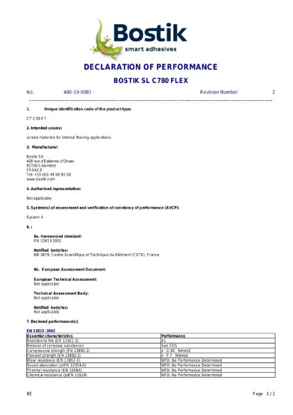 Bostik Slc780 Flex Declaration Of Performance Nbs Source