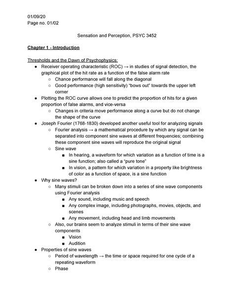Chapter 1 Class Notes 0109 Page No 01 Sensation And Perception Psyc 3452 Chapter 1