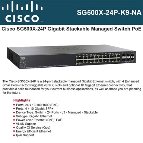 Cisco SG500X 24P Port Gigabit 4 Port 10 Gigabit PoE Stackable Managed Switch