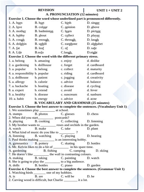 [grade 7] Unit 1 2 Revision Pdf Hobbies