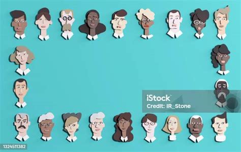 많은 사람들의 얼굴이 종이로 만들어졌습니다 사람들은 연령과 직업적 배경을 다릅니다 용지 절단 설계 3d 렌더 3차원 형태에 대한 스톡 사진 및 기타 이미지 Istock