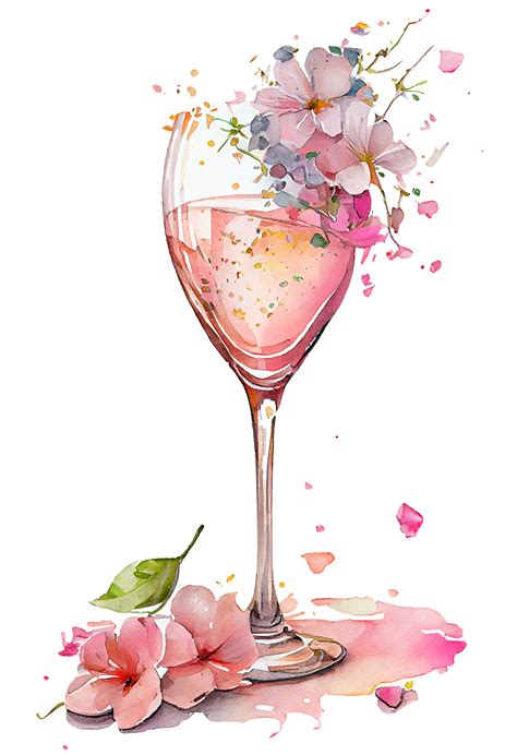 Watercolor Pink Wine Glass With Roses Card Design For Valentines Day Champagne Glass With