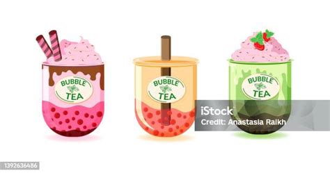 다양한 종류의 차 세트 플랫 스타일 페인트 요소 멋진 음료 녹차 말차 우유 카카오 브라우니 및 과일 혼합 과일 맛 신선한 딸기로 구성되어 있습니다 개체 그룹에 대한 스톡