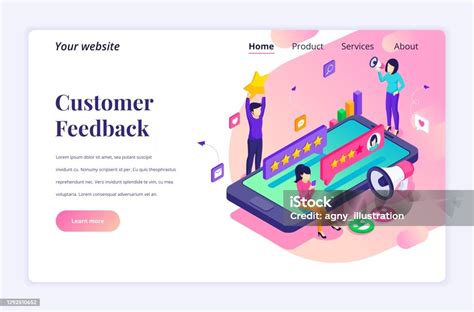 고객 리뷰 개념의 Isometric 방문 페이지 디자인 개념 피드백을 주는 큰 스마트 폰 근처의 사람들 제품 또는 서비스를 평가하는 고객 벡터 일러스트레이션 기념식에 대한