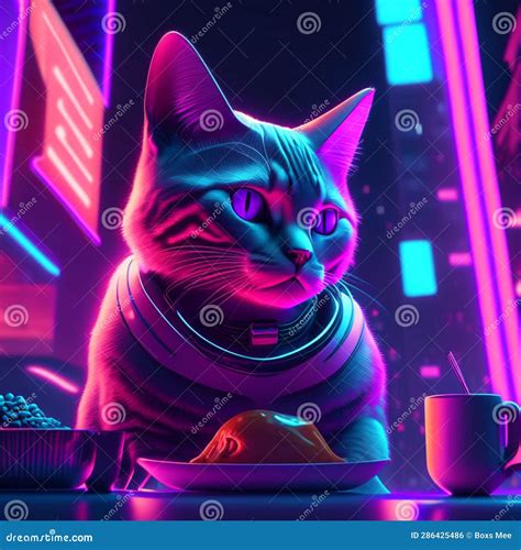 Cute Cat With Blue Eyes Sits At Table With Plate Of Food In Neon Light