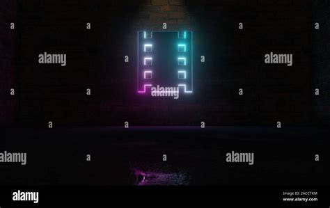 3d Rendering Of Blue Violet Neon Symbol Of Photo Film Strip On Dark Brick Wall Background With